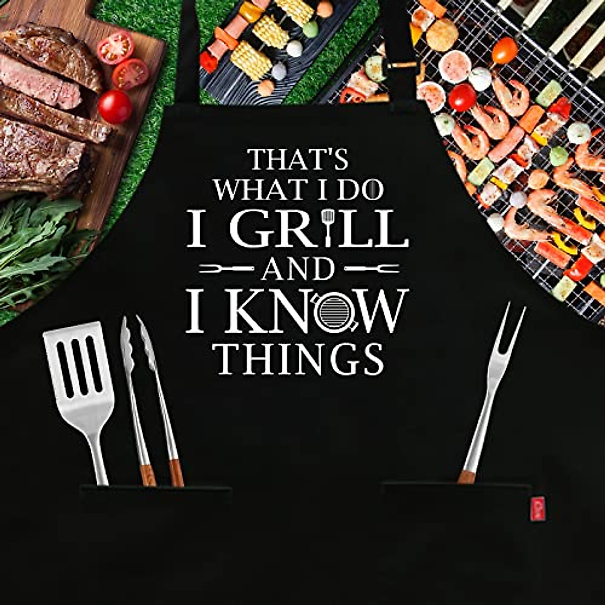 ALIPOBO Funny Grilling Aprons for Men - BBQ Cooking Apron with 2 Pockets, Adjustable Neck Strap and 40" Long Ties - That's What I Do I Grill and I Know Things