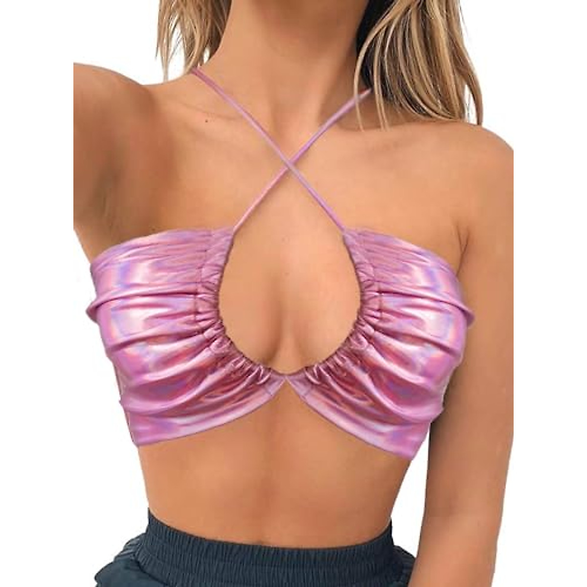 Women's Costume Pink Crop Checked Top Rave Festival Outfits Halter Tie Bra Bustier Top Sexy Pink Top S