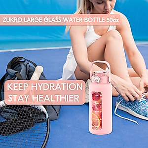 Zukro 64 oz Glass Water Bottle, Motivational Reusable Large Half Gallon Reusable Water Jug With Handle and Straw, Silicone Sleeve for Sport, Gym and Workout, Time Marker Reminder Quotes to Drink