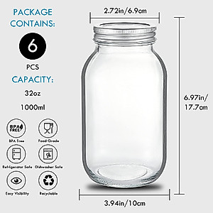YEBODA 32 oz Mason Jars Canning Jars with Airtight Lids and Bands 6 Pack Ideal for Preserving, Meal Prep, Overnight Oats, Jam, Jelly, Jams, Spice, Sauces, Salads, Yogurt, Wedding Favors