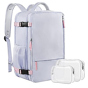 Sinaliy Large Travel Backpack (Black+Purple), 40L Carry On Backpack, 17 Inch Laptop Backpack, Waterproof Backpack, College Bookbag, Laptop Backpack, Backpack for Women, as Person Item Flight Approved