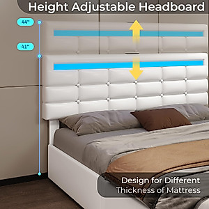 ADORNEVE Queen Bed Frame with Drawers, LED Bed Frame with Charging Station, Pu Leather Platform Bed Frame Queen Size with Storage & LED Lights Headboard Footboard, No Box Spring Needed, White