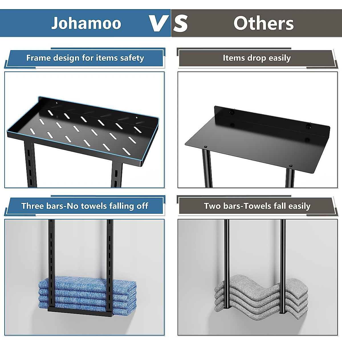 Johamoo Towel Racks for Bathroom, Wall Mounted Towel Rack for Rolled Towels with Shelf, Camping Chair Storage for Garage, Multifunctional Metal Storage Rack Wall Holder Organizer with Storage Basket