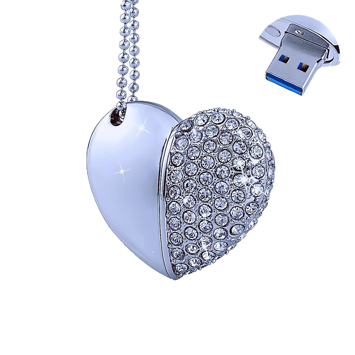 EcooDisk 128GB USB 3.0 Flash Drive Diamond Heart with Necklace Memory Stick High Speed Thumb Drive Jump Drive Data Storage Silver