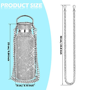 Diamond Water Bottle Bling Rhinestone Stainless Steel Thermal Bottle Refillable Insulated Glitter Water Jug with Chain for Women Girls Gifts(500 ml,Silver)