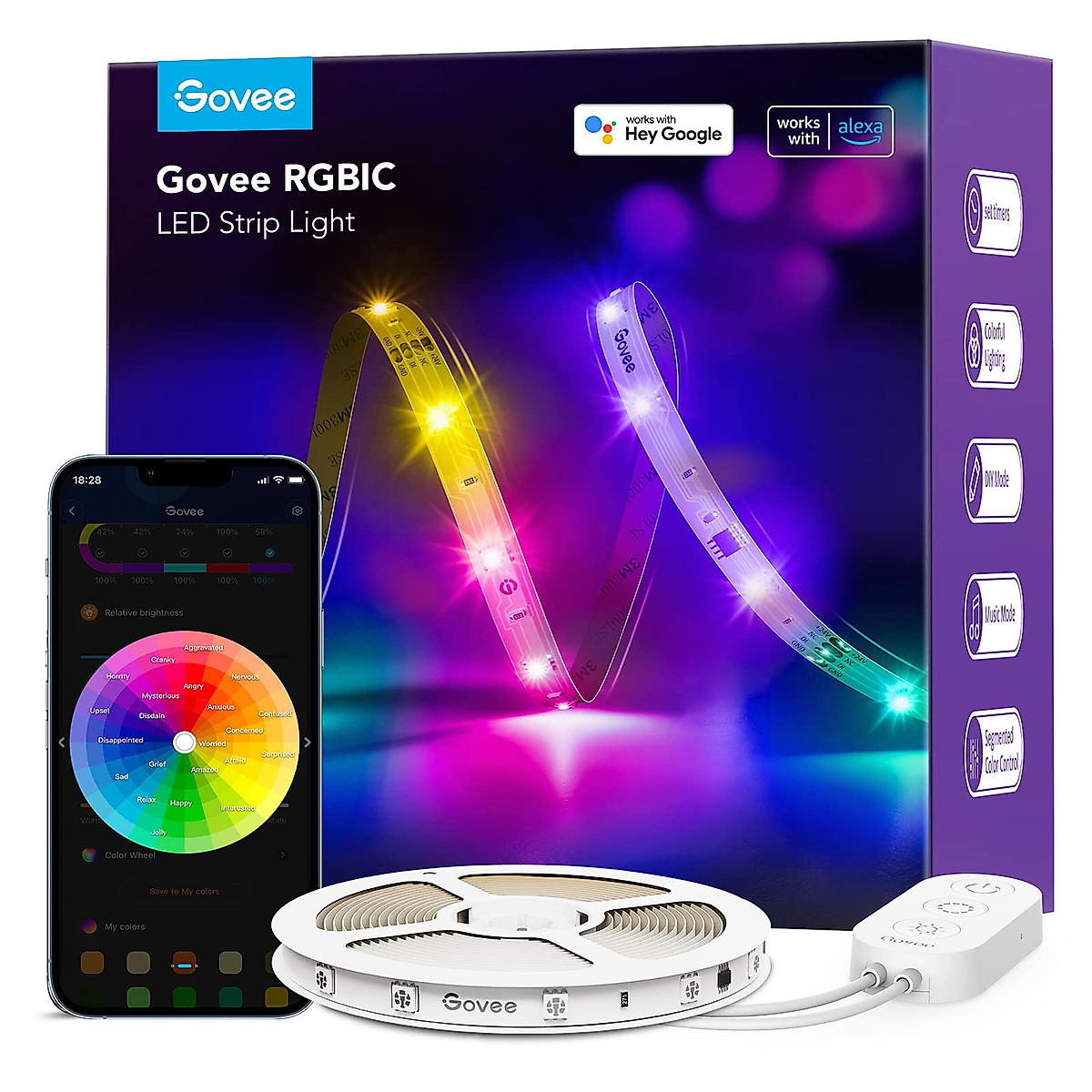 Govee RGBIC Alexa LED Strip Light 16.4ft, Smart WiFi LED Lights Work with Alexa and Google Assistant, Segmented DIY, Music Sync, Color Changing LED Strip Lights for Gaming Room, Bedroom, Cabinet, Desk