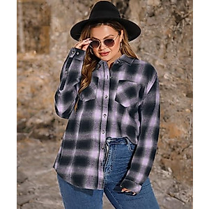 LALAGEN Plus Size Flannel Shirts for Women 2025 Oversized Boyfriend Plaid Shirt Casual Long Sleeve Button Down Tops Blouse Purple XXXL