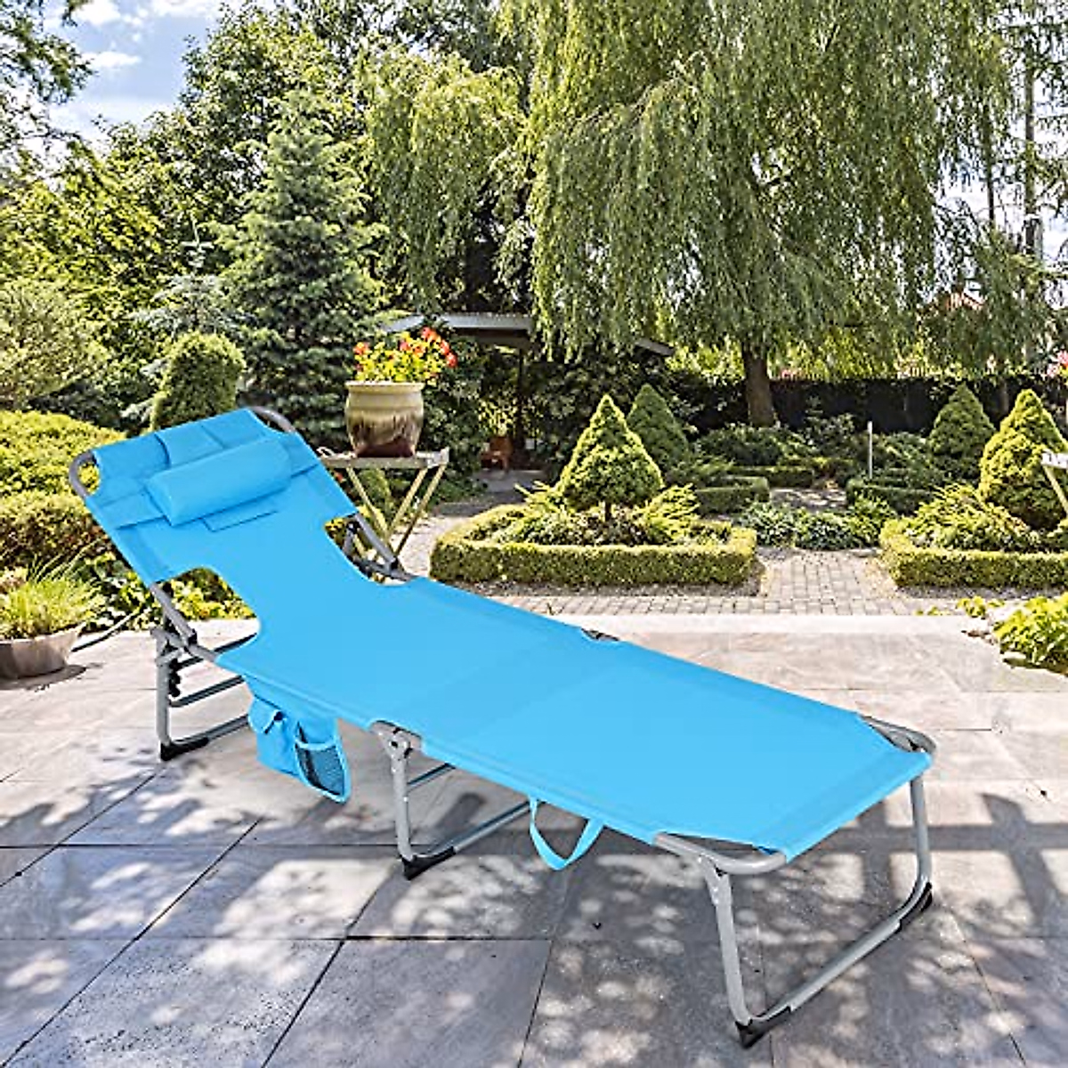 GYMAX Tanning Chair, Folding Beach Lounger with Face Arm Hole, Adjustable Backrest,Side Pocket, Removable Pillow & Carry Handle, Outside Sunbathing Lounge Chair for Patio, Poolside (1, Turquoise)