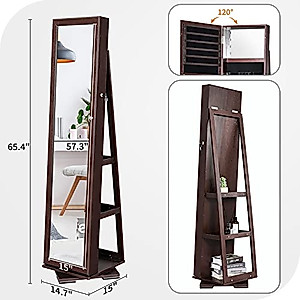 YITAHOME Jewelry Cabinet Standing Jewelry Armoire with Full Length Mirror 360°Swivel Lockable Jewelry Organizer Jewelry Armoire with Bag Storage Shelves, Walnut