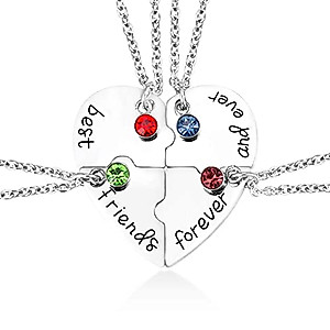 Best Friend Forever and Ever 4 Pieces Rhinestone BFF Necklace for 4 Stainless Steel Heart Friendship Pendant Necklace Puzzle Stitching Necklace