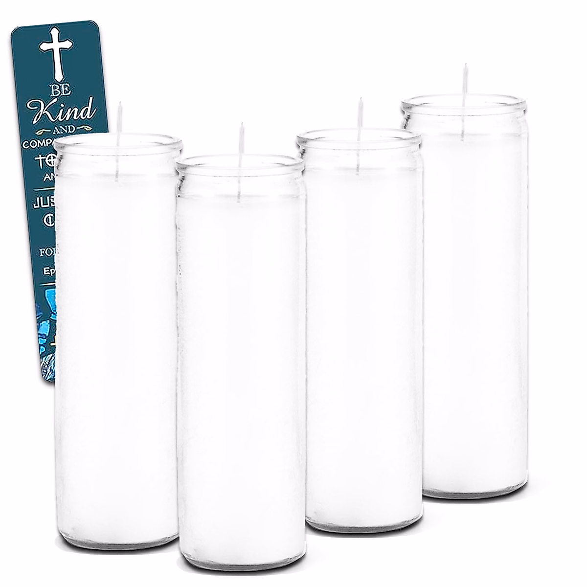 White Prayer Glass Candle Set - Bundle with 4 White Prayer Candles for Vigils, Prayers, Cemetery, Blessing Ceremonies, Bulk 8" Candle Kit