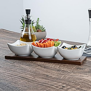 Restaurantware 15 Ounce Bowl Set with Tray - 1 Dishwashable Serving Set Includes 3 Porcelain Bowls And 1 Bamboo Tray Durable White Porcelain And Bamboo Bowl And Tray Set Reusable Freezable