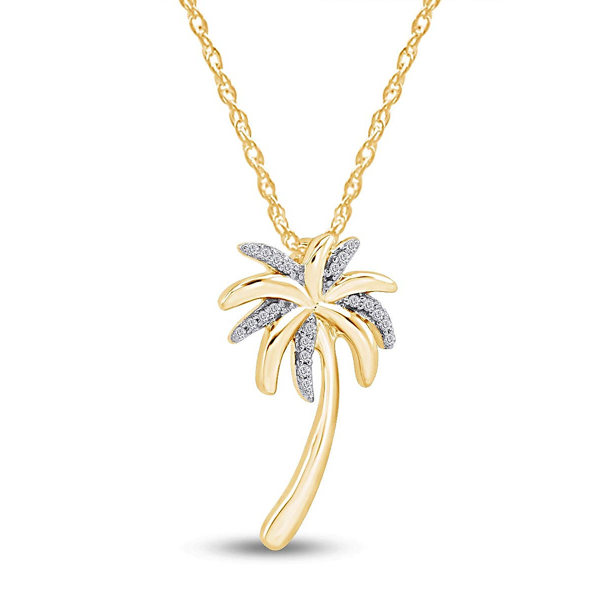 Jewel Zone US Beach Jewelry - 1/20 Carat Round Cut Natural White Diamond Accent Palm Tree Pendant Necklace In 10k Solid Yellow Gold 18 Inch 10k Gold Chain (0.05cttw)