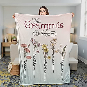 This Grandma Belongs to Personalized Blanket, Custom Birth Month Flower with Kids Ideas for Mom Grandma Mimi Nana, Made from Fleece Sherpa, 30x40 50x60 60x80 Inches