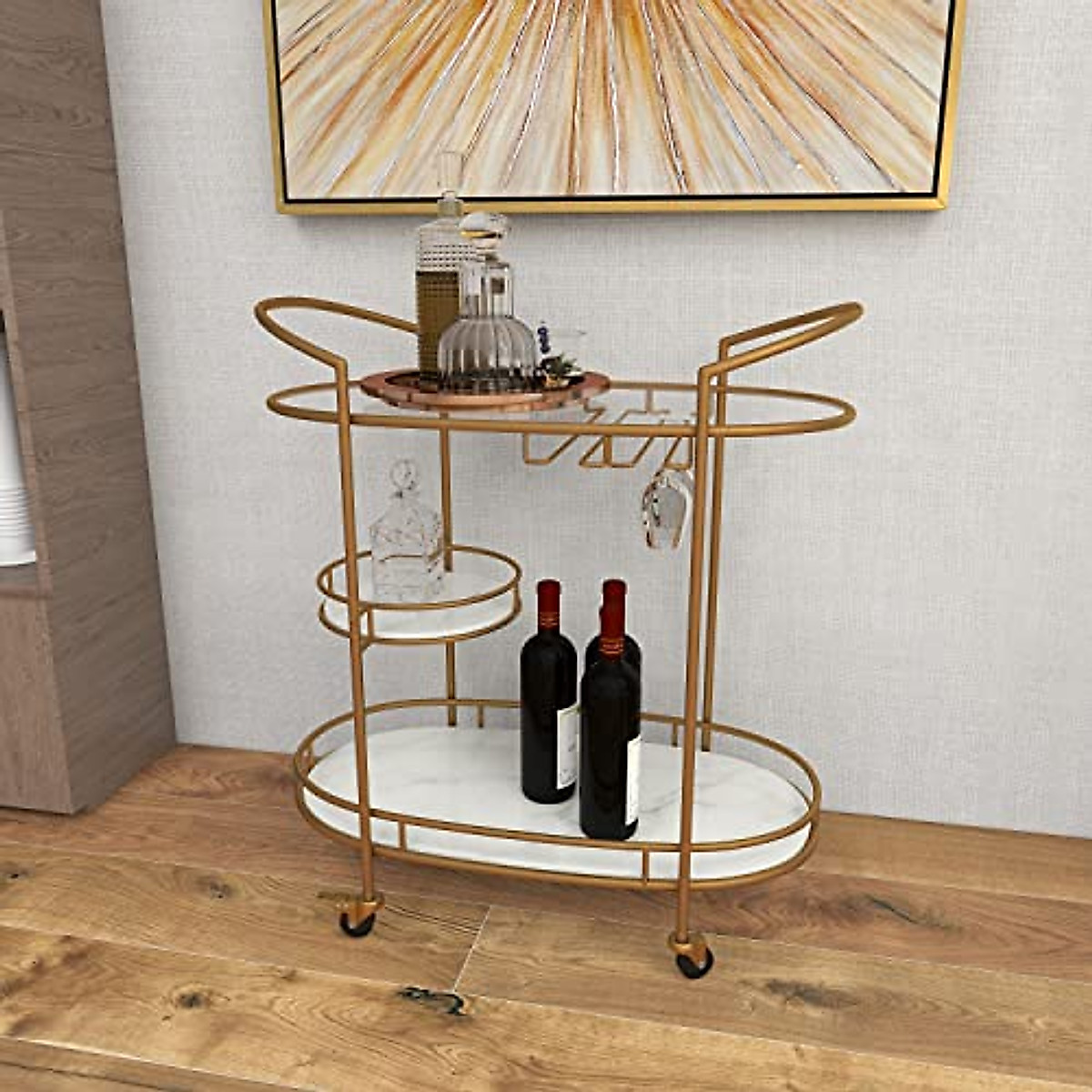 Deco 79 Metal Rolling 1 Glass and 2 Marble Shelves Bar Cart with Lockable Wheels and Mirrored Top, 31" x 16" x 33", Gold