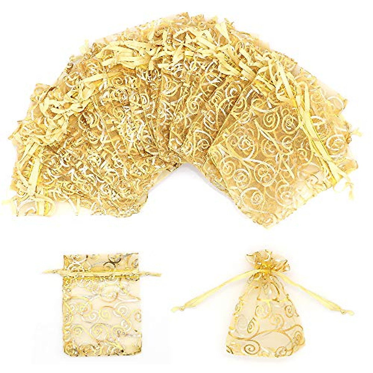 Staruby 100Pcs Gold Organza Bags 3x4 Inches Rattan Printed Organza Gift Bags Mesh Favor Bags Drawstring Jewelry Gift Pouches for Wedding Party Favors Baby Shower Christmas Gifts Candy Bags