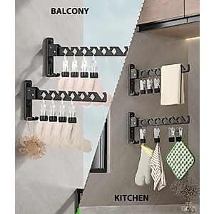 Wall Mount Coat Hanger Holder Black Clothes Drying Organizer Rack Garment Hooks Aluminium Retractable Folding Indoor Wall Mounted Hanger Space Saver for Laundry Room Bedroom Black 2 Pack with 8 Hooks