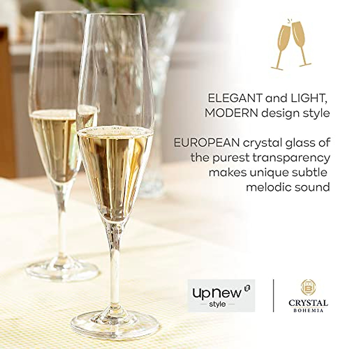 Champagne flutes, 7 oz, Сhampagne Glasses set of 6, Modern Elegant, True Czech Lead-free Durable Crystal Champagne Flutes Glass