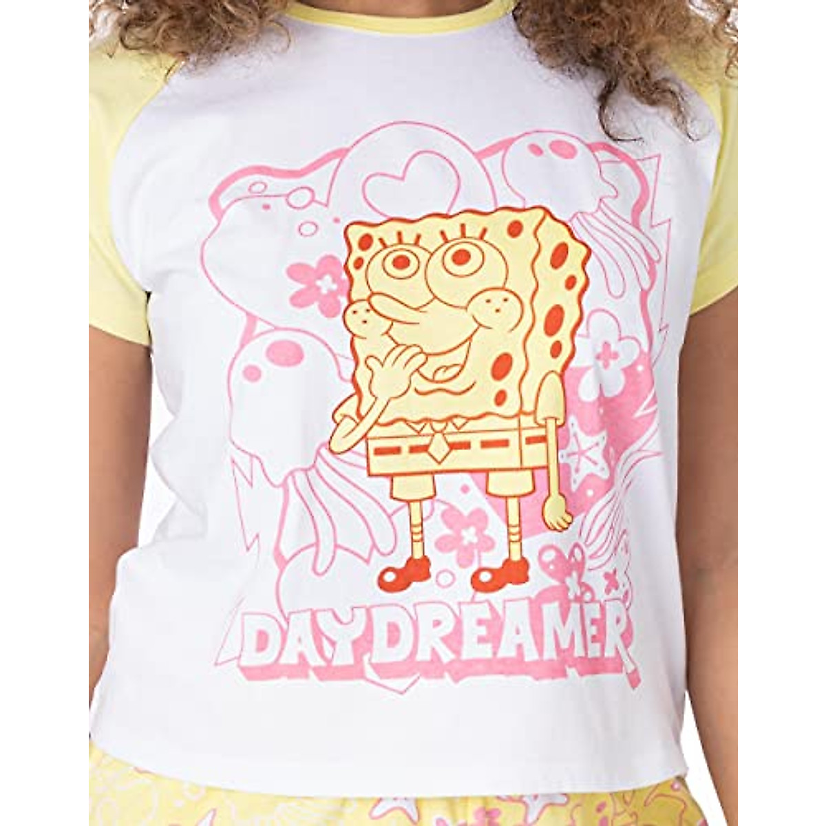SpongeBob SquarePants Womens Pajama Set | Ladies Raglan T-Shirt & Yellow Elasticated Shorts | Daydreamer Coral & Jellyfish