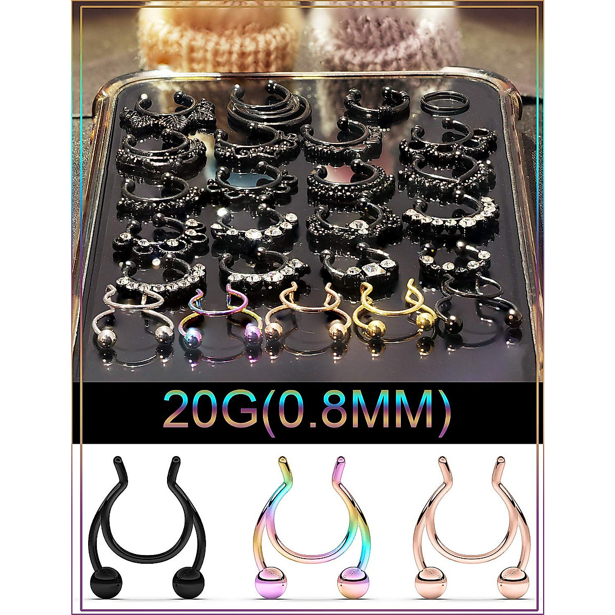 Prjndjw Fake Septum Nose Hoop Rings Stainless Steel Faux Lip Ear Nose Septum Ring Non Piercing Clip On Nose Hoop Rings Body Piercing Jewelry 25PCS Women Man Black