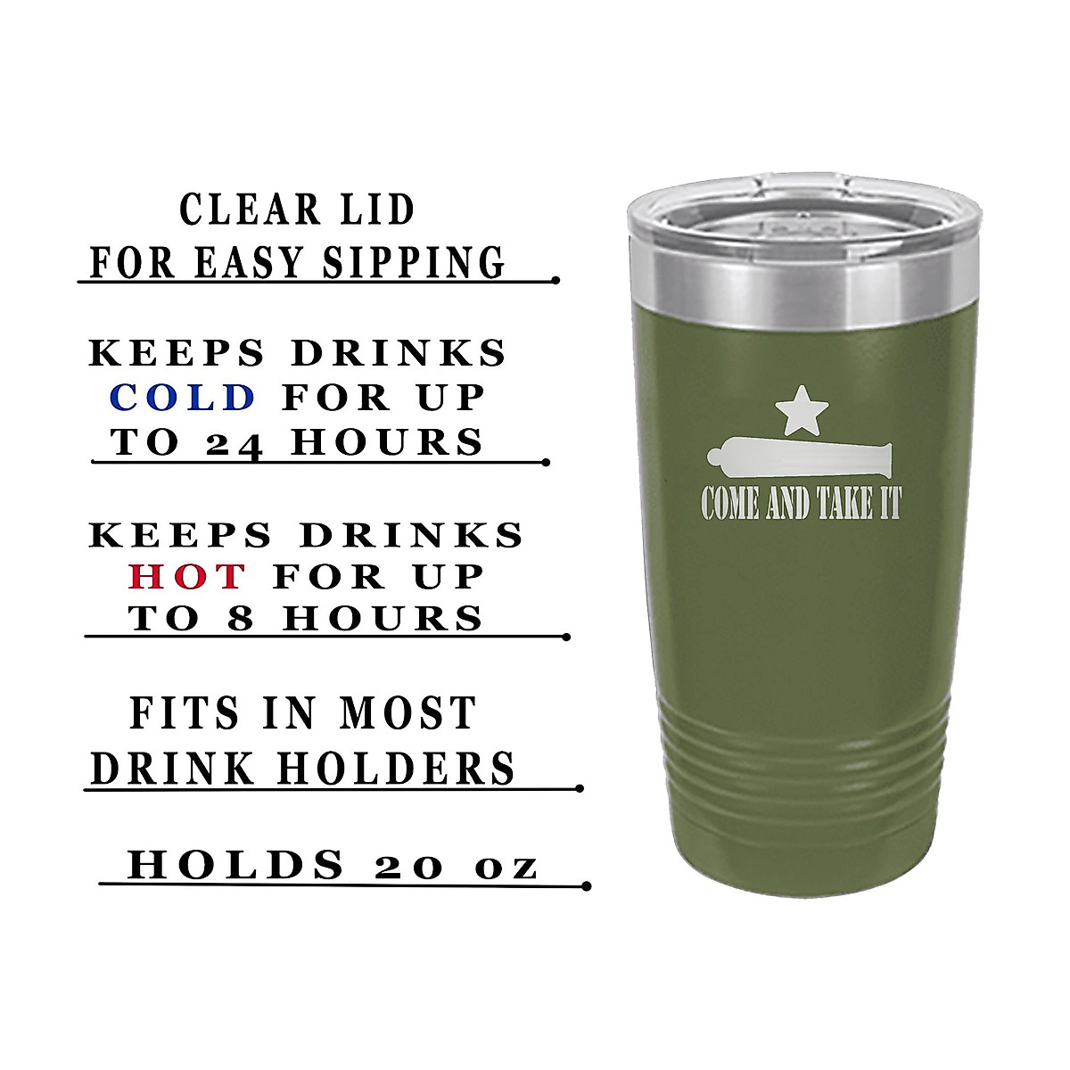 Rogue River Tactical Come and Take It Gonzales Texas Flag 20 Oz. Stainless Steel Travel Tumbler Mug Cup w/Lid Vacuum Insulated Hot or Cold (Green)