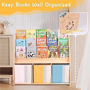 JUQUANBH 3 Tier Kid Book Shelves with 3 Storage Box,Wood Kids Stand Bookcase, Cartoon Cubbies Reading Book Stand for Kids, Toy Storage Organizer for Kids Bedroom Toy Room - Gift