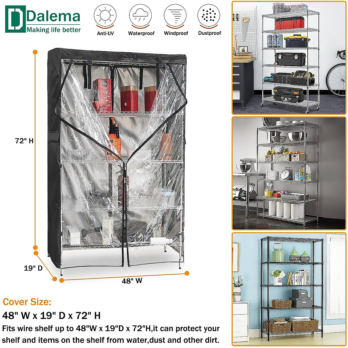 Dalema Wire Shelf Cover,600D Heavy Duty Waterproof Dustproof Standing Shelf Units Cover,Outdoor Storage Rack Cover with Zipper for Metal Shelving(Black with clear front,48x19x72 Inch)