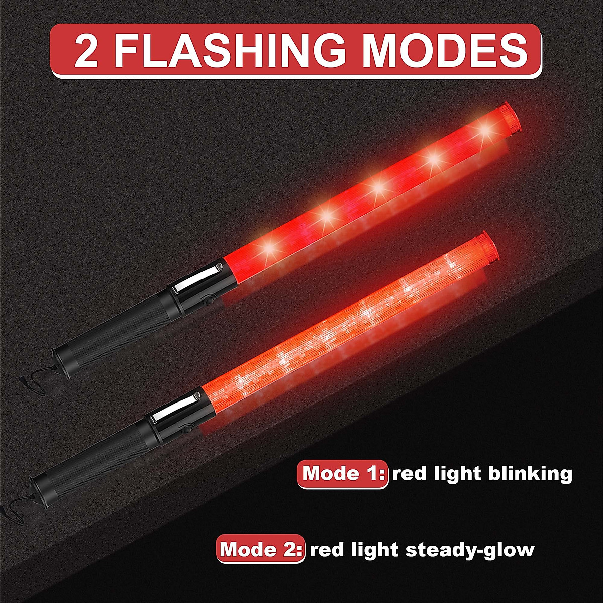E-riding 2 Pack Traffic Wand, 21 Inch Traffic Control Wand with 2 Flashing Modes & Side Clip, Red LED Safety Baton for Traffic Control, Parking, Aircraft, Car Directing