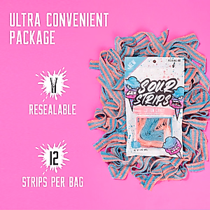 SOUR STRIPS Cotton Candy Flavored | Deliciously Chewy Belts Vegetarian Candies, 12 per Pack, 2 Pack