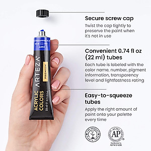 Arteza Acrylic Painting Art Set, 12 Colors Acrylic Paint, 15 Detail Brushes and 7x8.6 Inches Foldable Canvas Paper Pad Bundle, Art Supplies for Artists & Hobby Painters