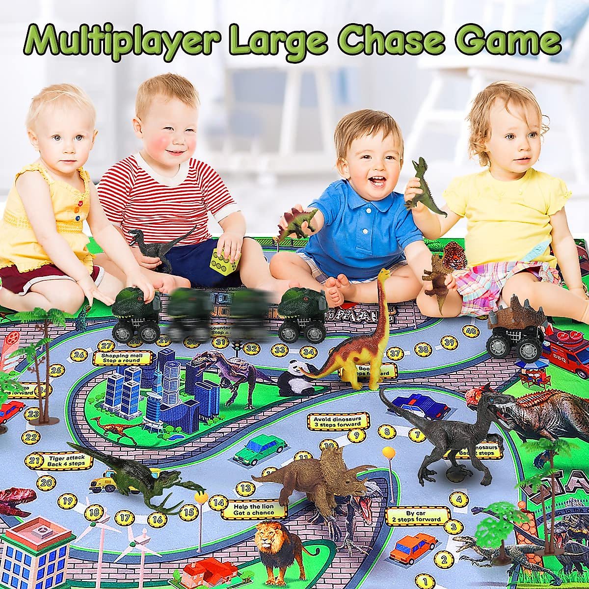 SHIRLIN Dinosaur Toy Figure w/ Activity 46''× 32'' Large Play Mat & Trees, Educational Realistic Dinosaur Playset Including Triceratops Velociraptor Gifts for Kids Boys & Girls