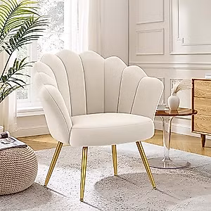 Alunaune Mid Century Velvet Living Room Chair Accent Chairs, Upholstered Vanity Chair for Makeup Room, Modern Barrel Arm Chair Guest Leisure Chair Comfy for Bedroom-Ivory