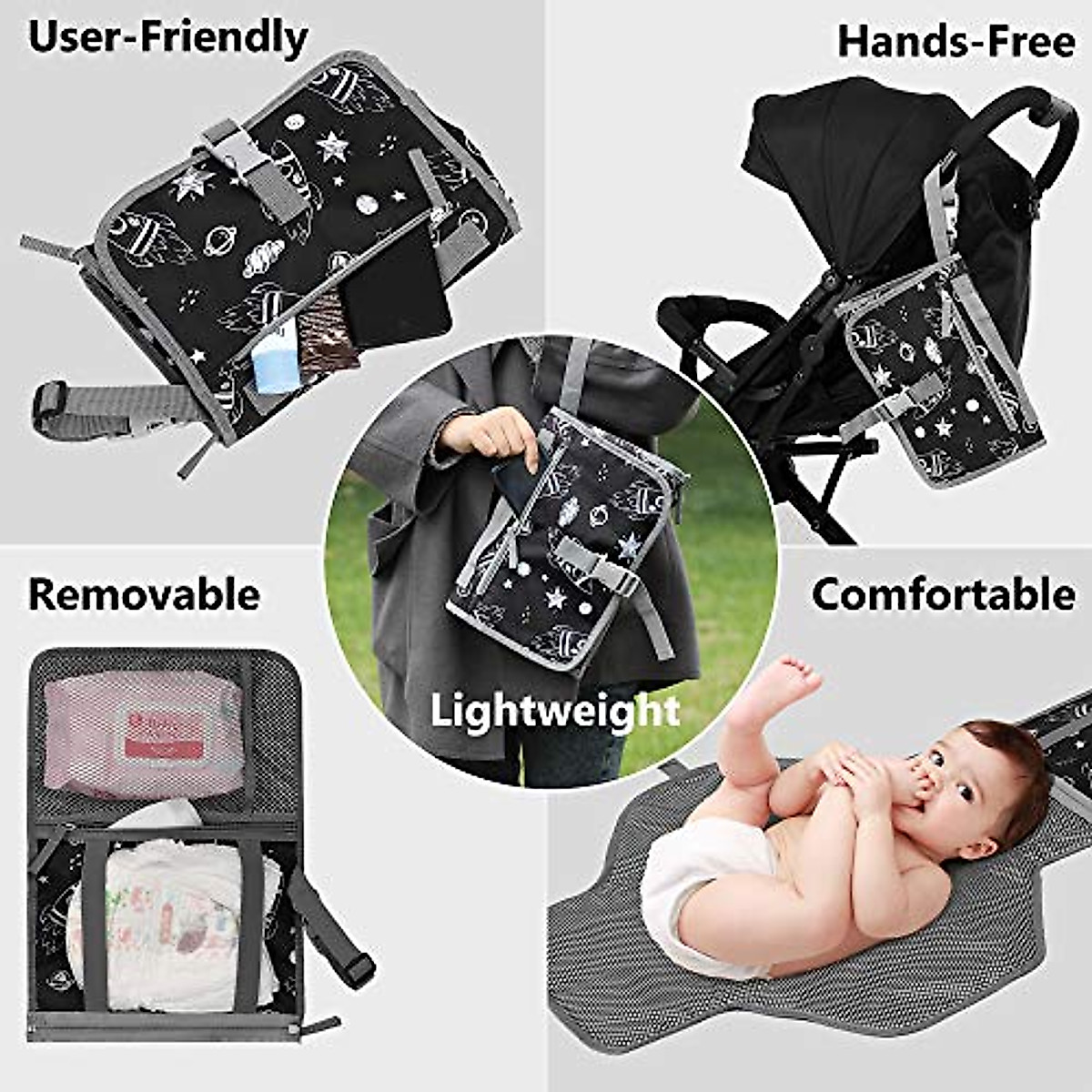 TILLYOU Portable Changing Pad, Baby Travel Changing Pad for Diaper Bag, Diaper Changing Mat with Foam Head Pillow and Extra Pockets, Baby Stuff for Newborn, Baby Shower Gifts (Star Rocket)