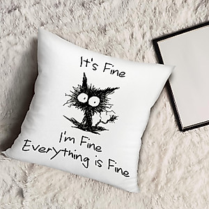 Inspirational Quotes Throw Pillow Cover, Everything is Fine Sofa Home Bed Decor Study Black Cat Couch Case, 18 x 18 Inches Pillowcase Gift for School Office Bedroom Living Room Reading Room -13