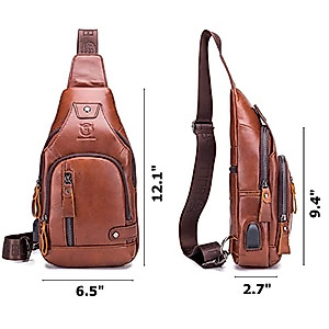 BULLCAPTAIN Leather Men Sling Bags Travel Crossbody Chest Bag Hiking Daypack with USB Charging Port Multi-Pocket