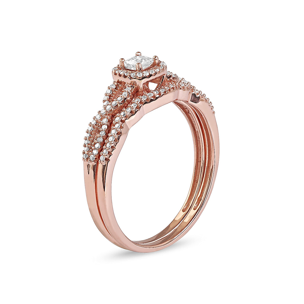 DZON IGI Certified 10k Rose Gold 3/8CT TDW Princess & Round Cut Diamond Halo Engagement Ring Set Love Gift for Women (I-J, I2)