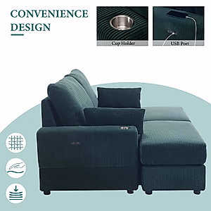 Tmsan 82.7" Oversized Deep Seat Loveseat with Ottomans, Corduroy Double Chaise Sleeper Sofa, Modular Sectional Cloud Couch with Cup Holders & USB Ports for Living Room Apartment Office (Green)
