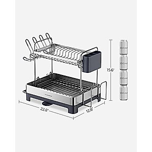 SONGMICS Dish Drying Rack - 2 Tier Dish Rack for Kitchen Counter with Rotatable and Extendable Drain Spout, Dish Drainer with Utensil, Cup, Glass, Cutting Board Holders, Gray UKCS032E01