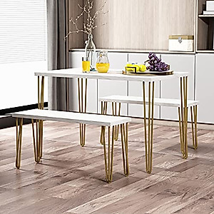 Voohek Dining Table Set with 2 Benches Rustic Kitchen Farmhouse Furniture w/Iron Frame for 4 in Small Places, Gold