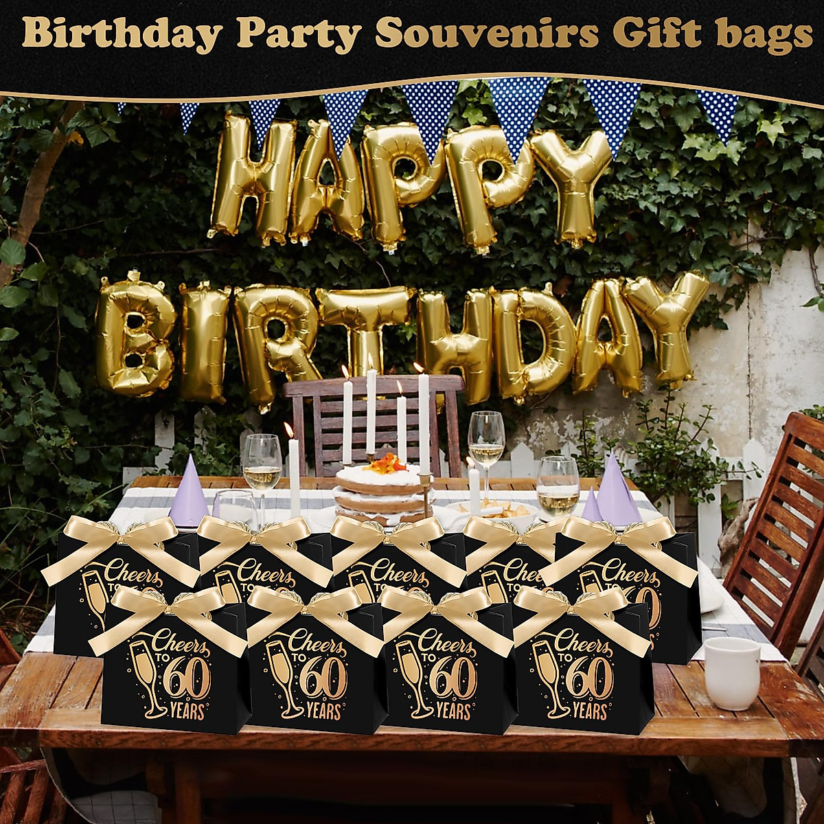Clysee 25 Pcs Birthday Gift Bags with Handles Black and Gold Party Favor Bags Bulk for Birthday Wedding Anniversary Supplies Decorations, 5.51 x 2.36 x 4.72 Inches(Cheers to 60)