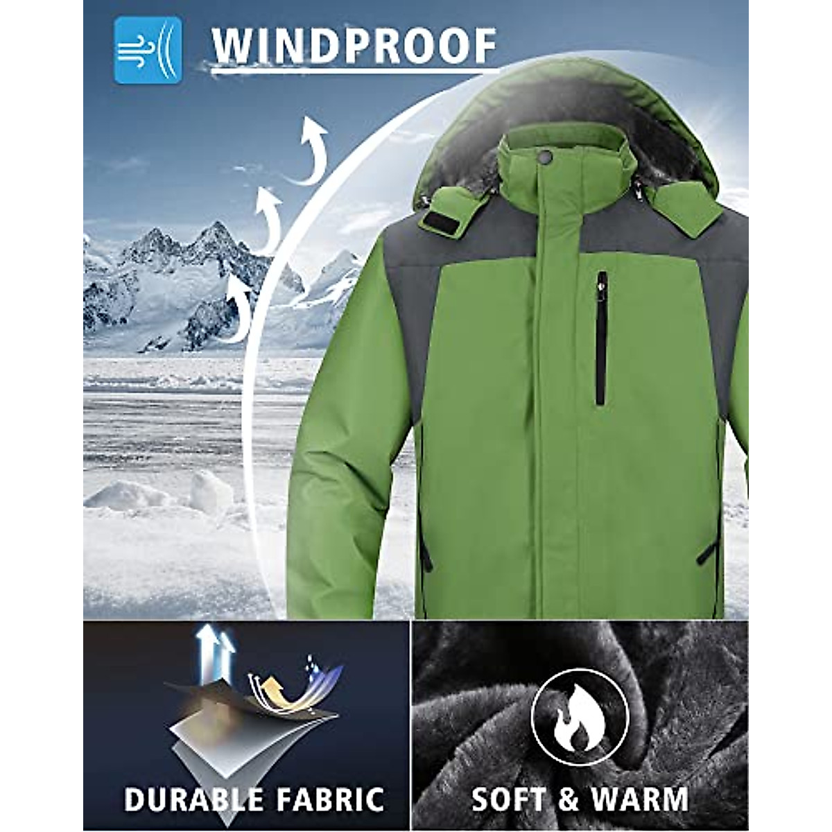 Mens Winter Jackets Ski Snow Coats Warm Fleece Lined Waterproof Windbreaker Softshell Hooded Jackets Raincoats Green 2XL