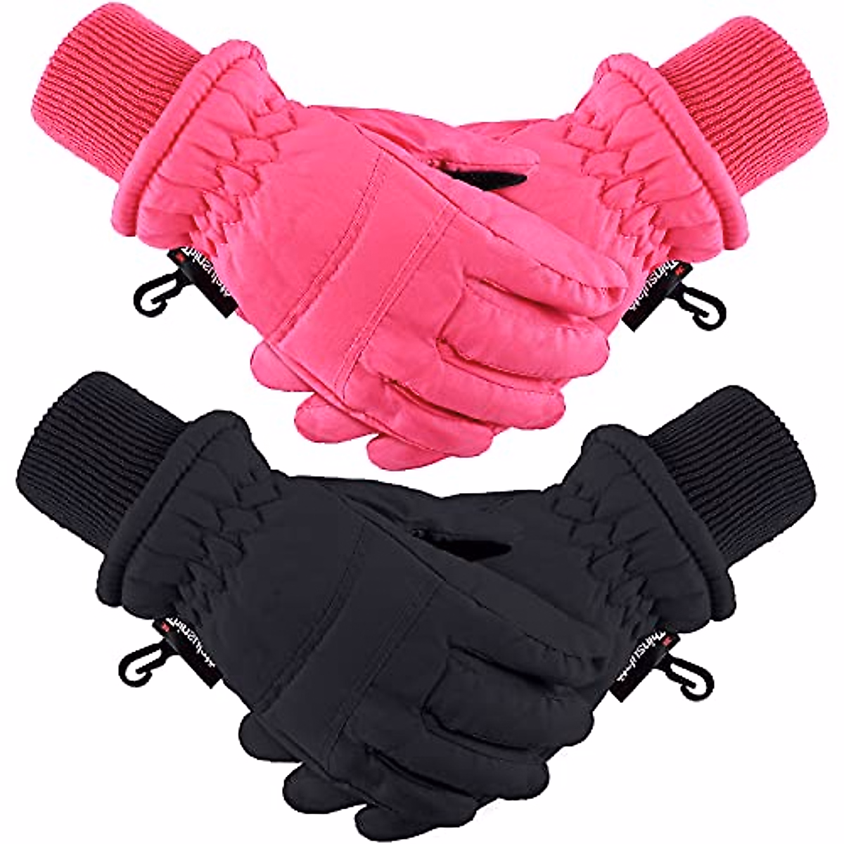 2 Pairs Kids Winter Ski Gloves Waterproof Warm Snow Mittens Full Finger Gloves for Toddlers Infants (Black, Rose Red, 5-10 Years)