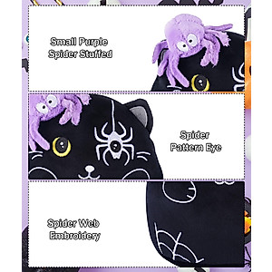 Halloween Plush Cat Stuffed Animals - Black Cats Plush Toys with Purple Spider, Cute Halloween Decor, Kids' Pillow, Gifts for Girls Boys, 8 Inch