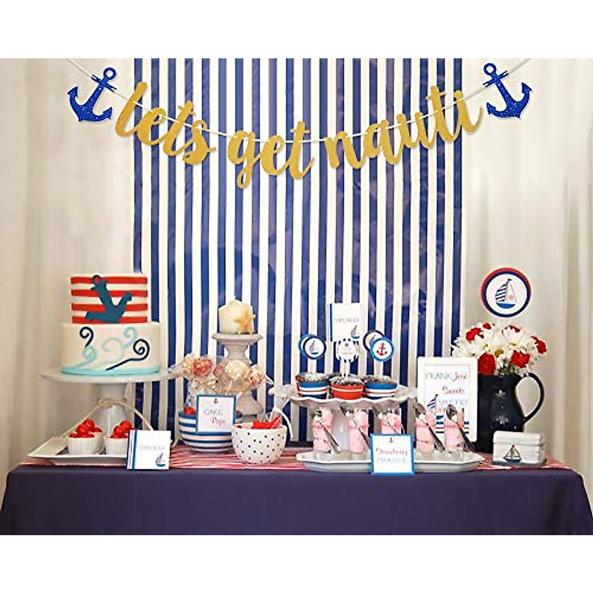 Let's Get Nauti Gold Glitter Banner for Nautical Sailor Theme Birthday/Bachelorette Party Anchor Cruise Banner Decorations