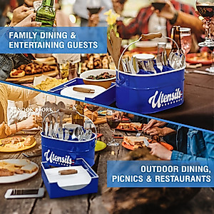 NOOK & FORK Farmhouse Utensil Caddy – Silverware & Flatware Holder/Organizer for Countertop & Parties with Matching Napkin Carrier Stars & Stripes