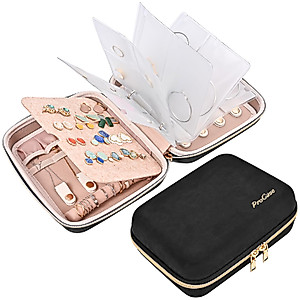 ProCase Medium Travel Jewelry Organizer Case, Jewellery Home Storage Book Ring Binder with Clear Pockets for Presentation, Zippered Pouch Bag for Earrings Necklaces Bracelets -Black