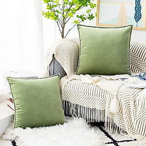 GAWAMAY 16x16 Fall Pillow Covers,Pack of 2 Decorative Cushion Pillow Cases with Chenille Edge Soft Boho Decor Aesthetic Pillows for Living Room Sofa Couch Beding Green Velvet Euro Pillow (40x40cm)