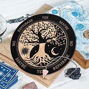 INFUNLY Witch Pendulum Board Tree of Life Round Wooden Divination Board 7.9" Sun Moon Metaphysical Message Board with Crystal Necklace Witchcraft Wicca Altar Supplies Kit
