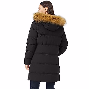 WenVen Women's Winter Thicken Padded Coat Parka Jacket with Fur Hood (Black,L)