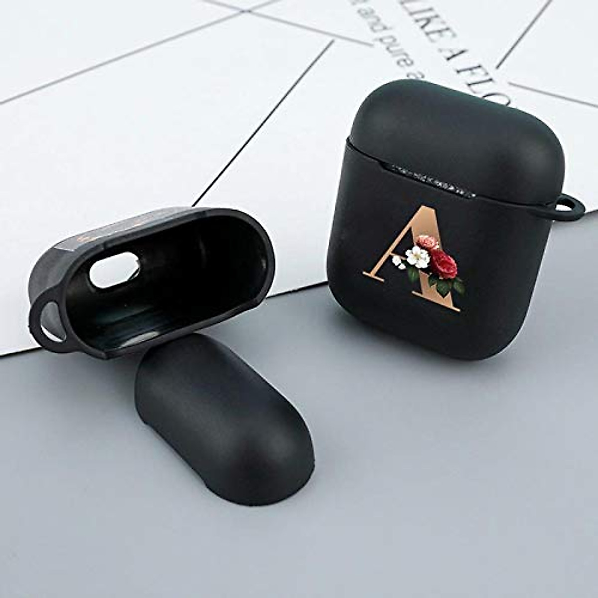 Air_Pods Case Cover | KJDS Premium Silicone Protective Case for AirPods 2 1 Black Wireless Bluetooth Earphone Box Matte Cover | Cute Floral Gold Initial Alphabet Letter Soft Case (A)